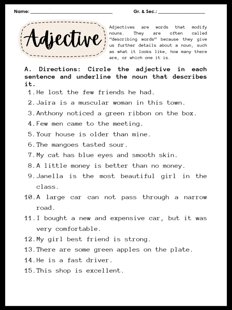 Adjective Worksheet | PDF