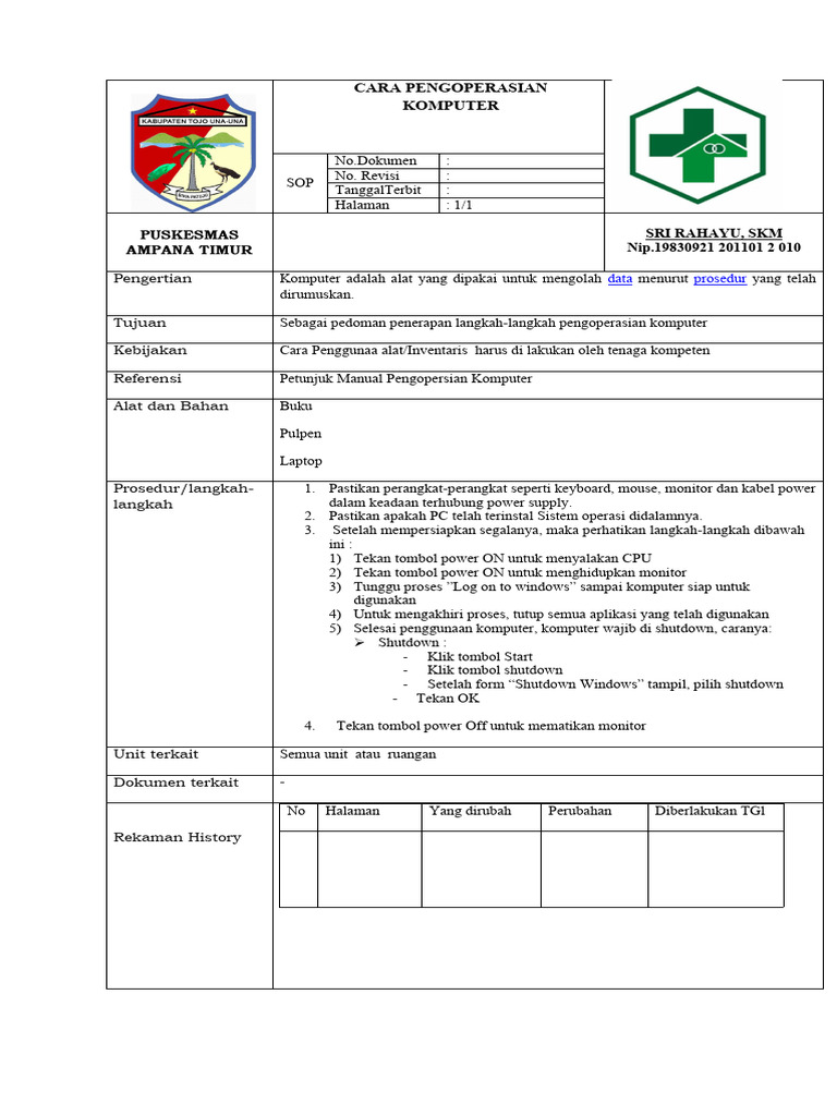 SOP Pengoperasian Komputer Puskesmas | PDF