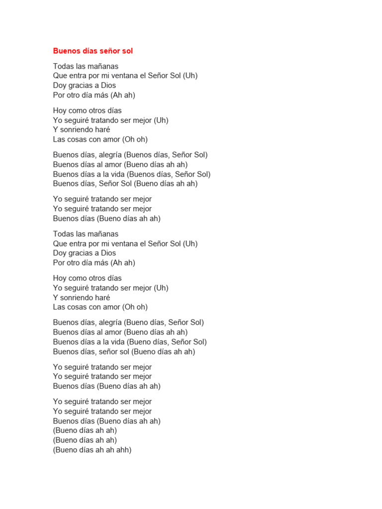 Letra de "Buenos Días Señor Sol" | PDF