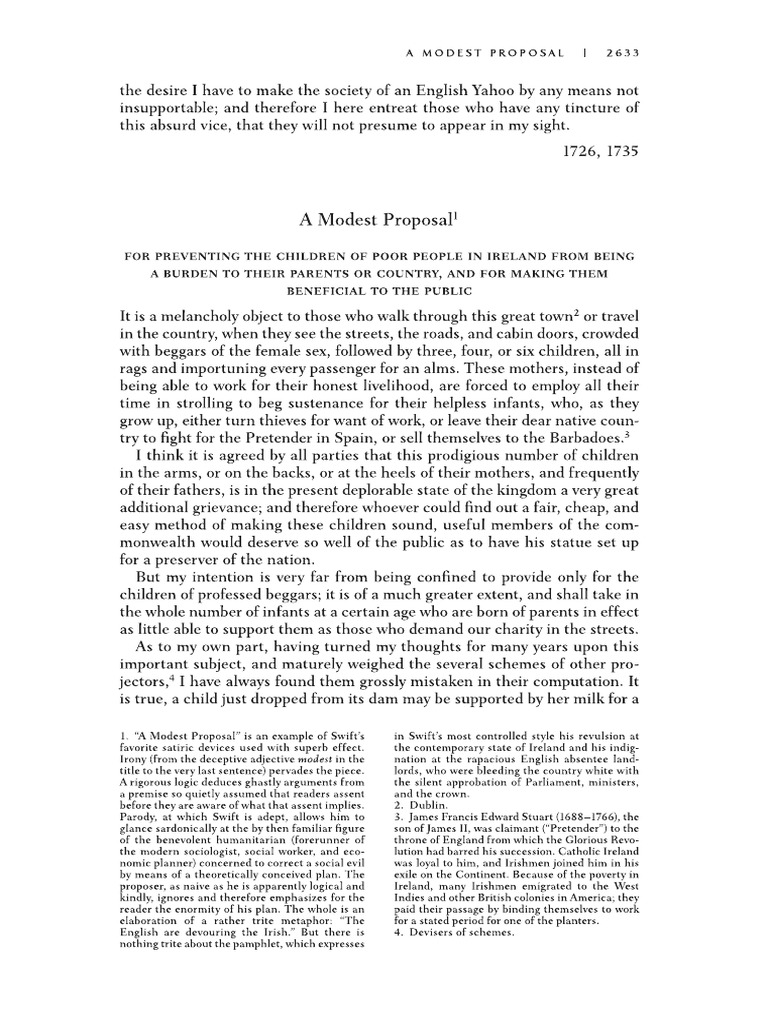 Jonathan Swift. A Modest Proposal | PDF