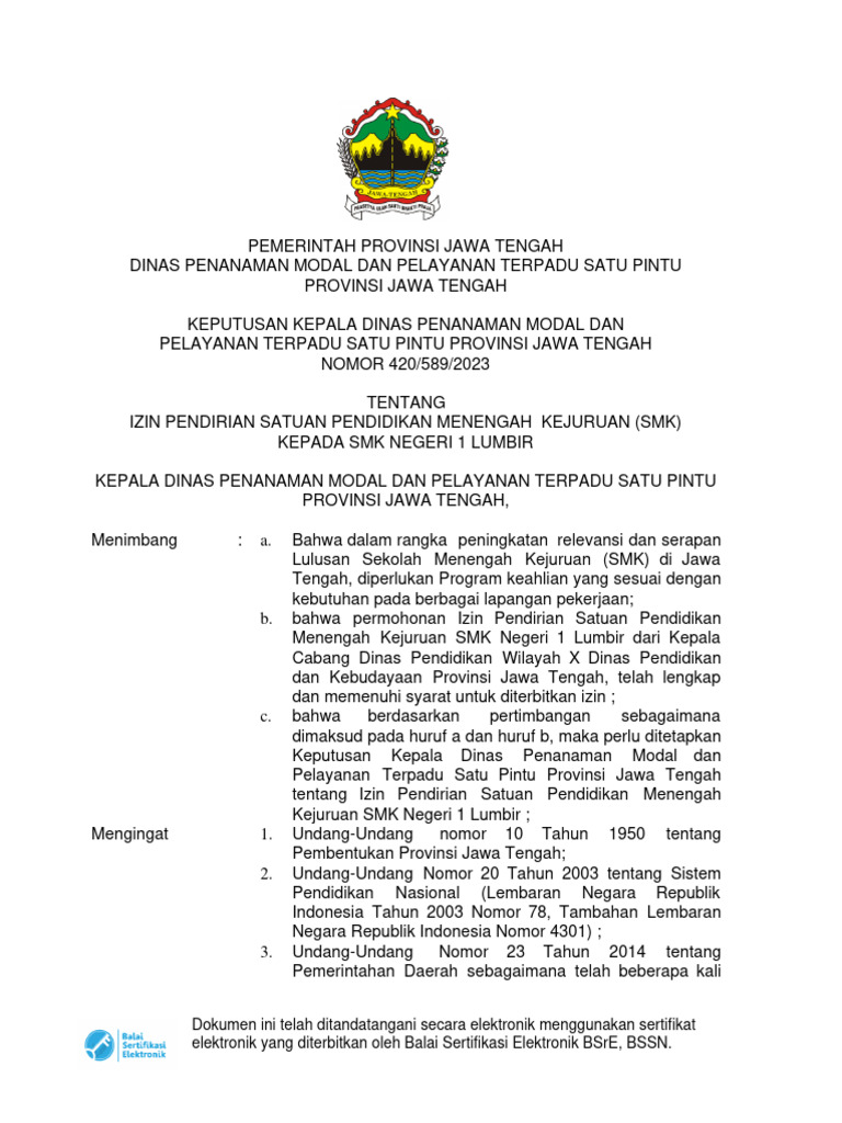 SK Izin Pendirian SMK Negeri 1 Lumbir | PDF