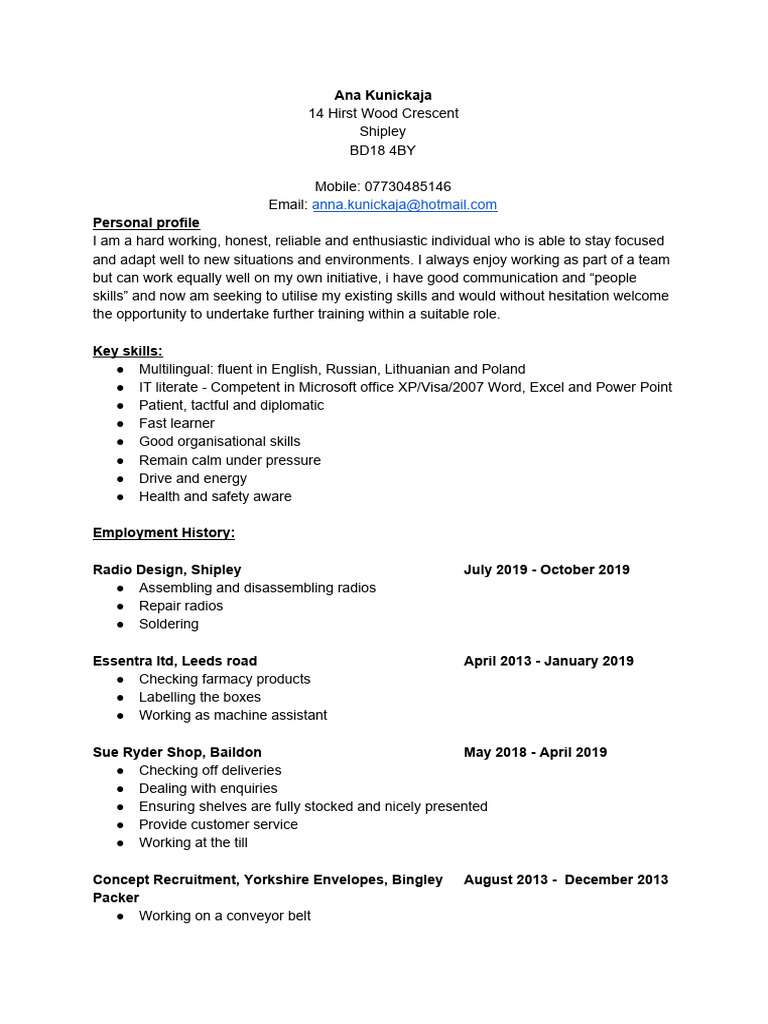 Ana CV | PDF | Waiting Staff