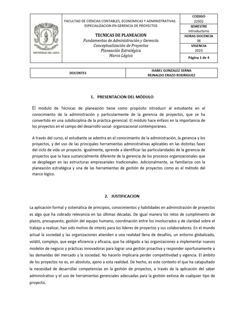 2023 - e - Programa TECNICAS DE PLANEACION - Especialización en Gerencia de Proyectos ...