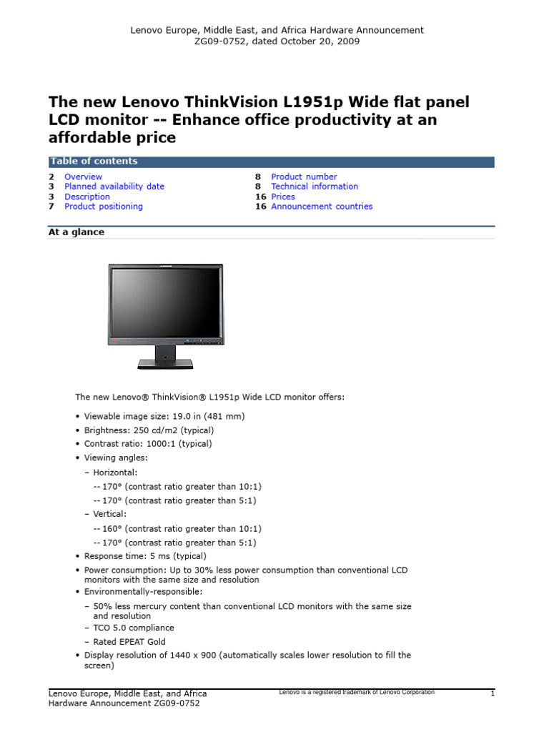 Spesifikasi Monitor Lenovo L1951p | Download Free PDF | Computer Monitor | Display Resolution