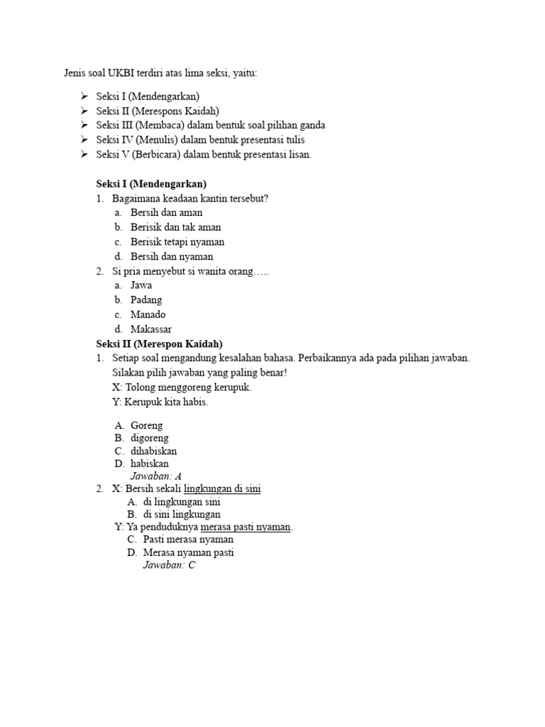 Jenis Soal UKBI Terdiri Atas Lima Seksi | PDF
