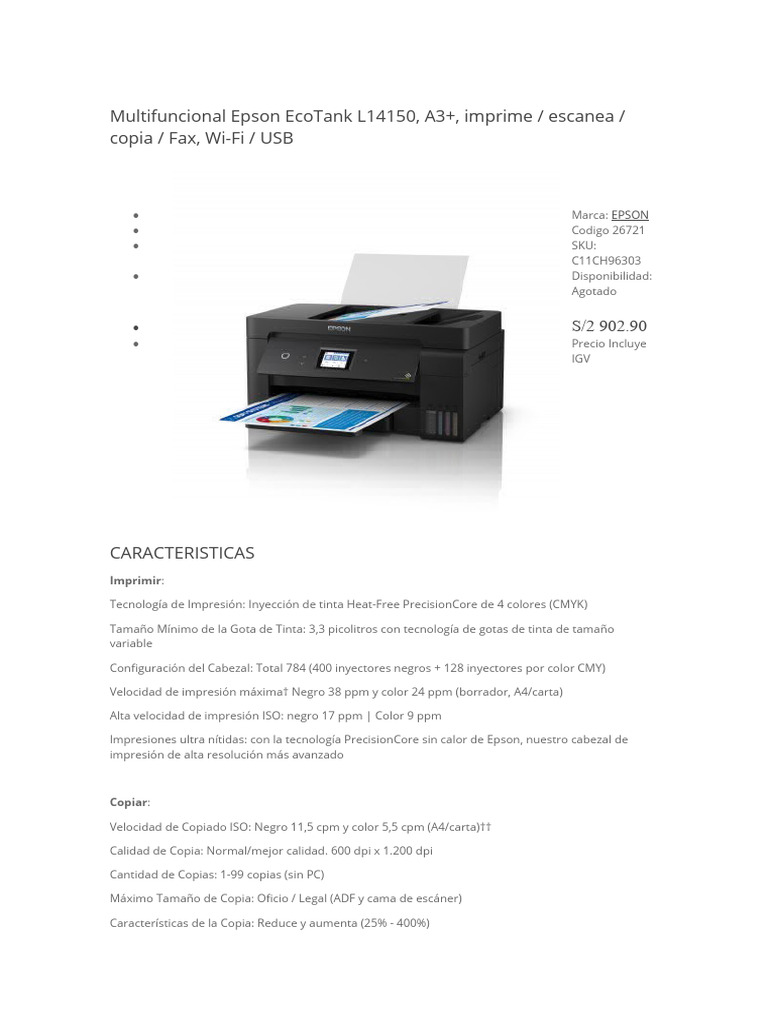 Multifuncional Epson EcoTank L14150 | PDF | Escáner de imagen | Color