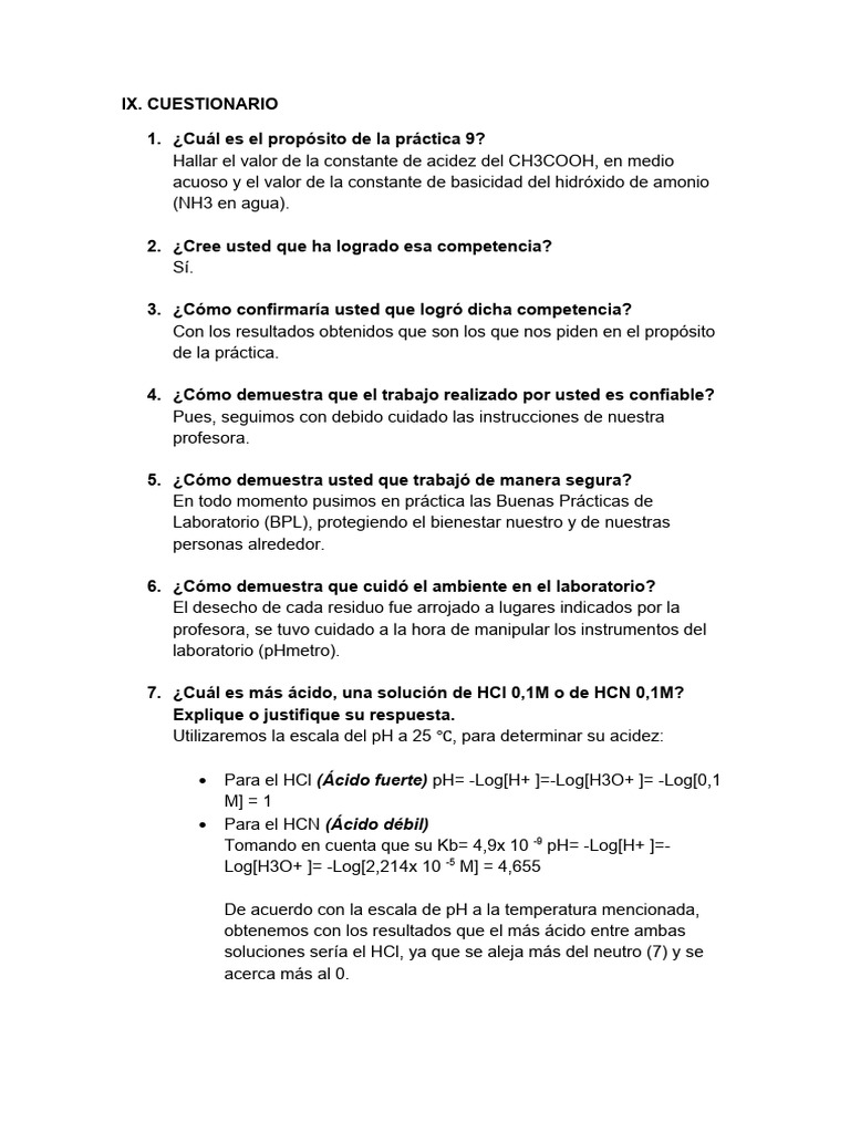 Cuestionario Equilibrio Quimico Pdf Constante De Disociación ácida