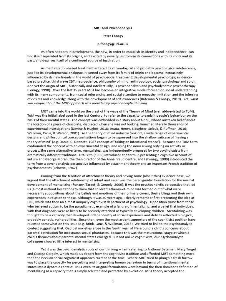 Fonagy - MBT and Psychoanalysis | PDF | Psychoanalysis | Psychotherapy