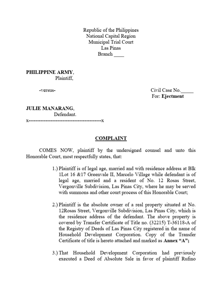 Sample Complaint For Ejectment | PDF