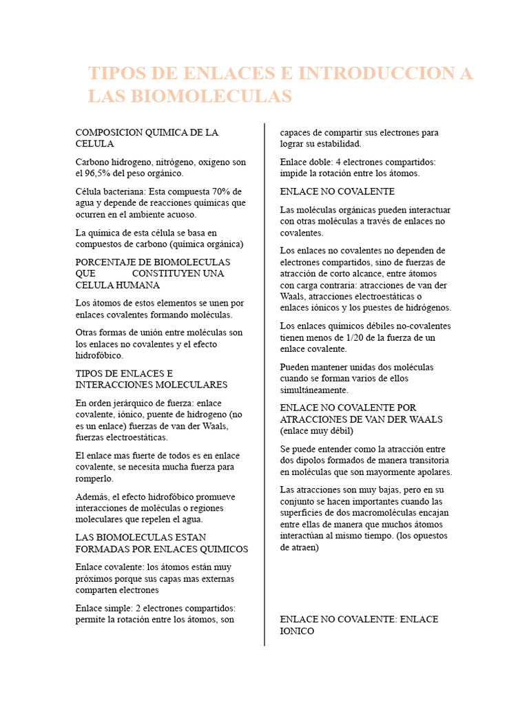 Enlaces en Biomoléculas Celulares | PDF | Enlace covalente | Enlace químico