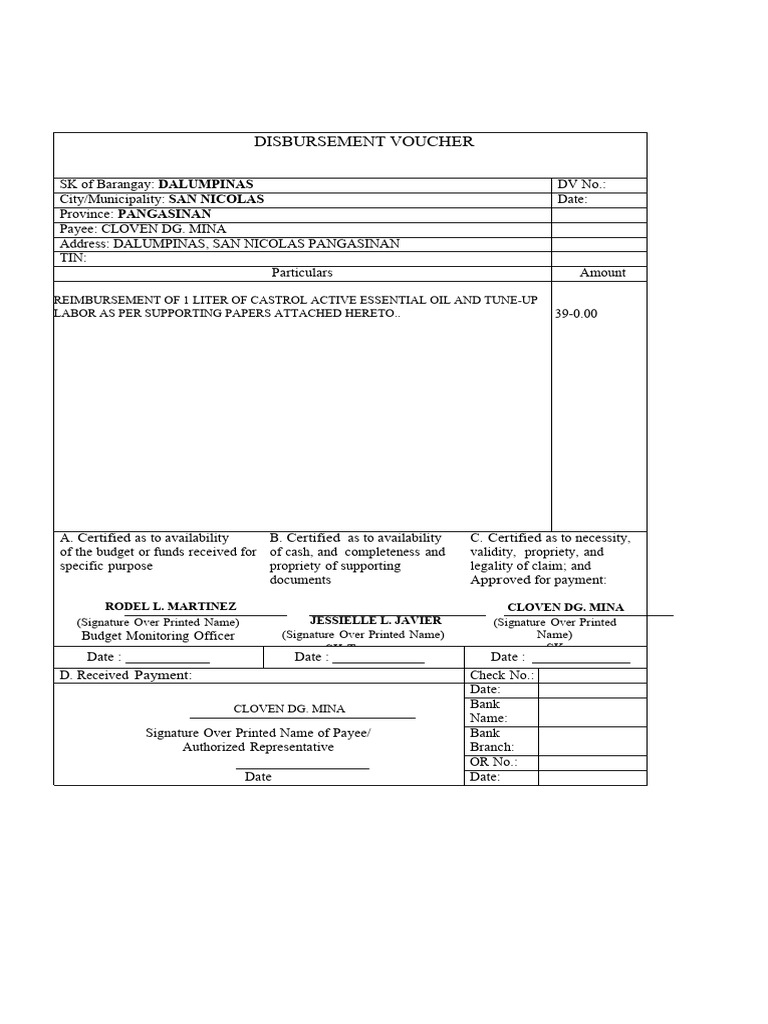Barangay Disbursement Voucher Template | PDF