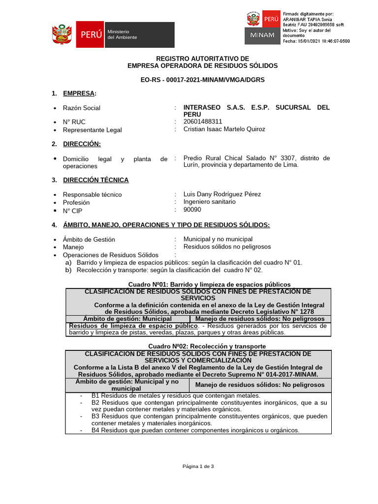 Eo-Rs-0017-2021-Minam Interaseo Sas Esp Sucursal Del Peru+rd | PDF