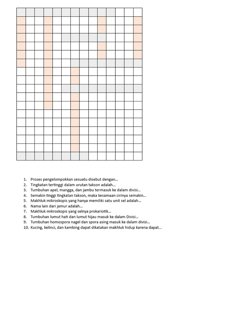 Soal TTS Klasifikasi Makhluk Hidup | PDF | Sains & Matematika