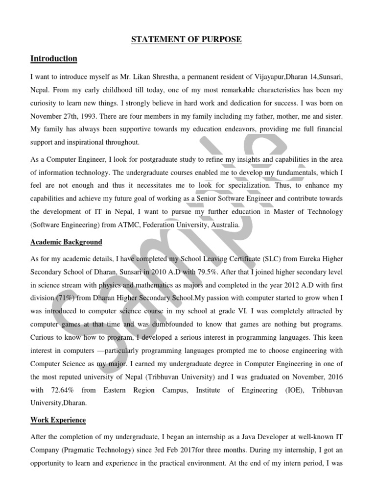 Sample Sop For Master in Information Technology | PDF