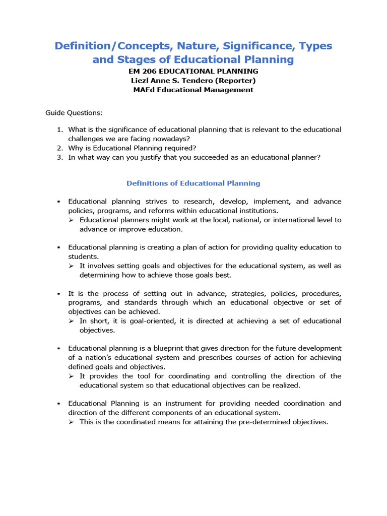 Importance and Types of Educational Planning | PDF | Planning | Goal