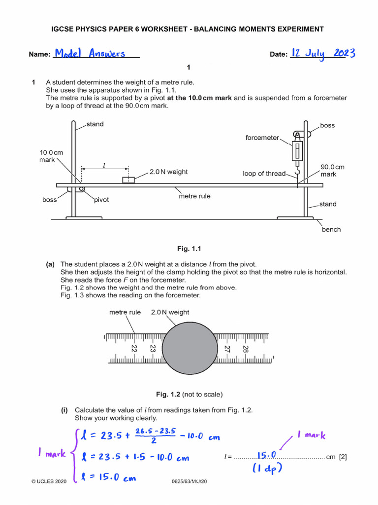 Model Answers - IGCSE Physics Paper 6 Worksheet - Balancing Moments Experiment | PDF