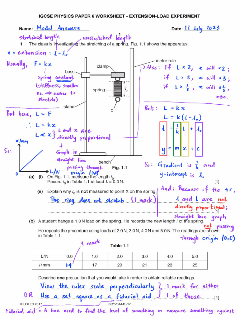 Model Answers - IGCSE Physics Paper 6 Worksheet - Extension-Load Experiment | PDF