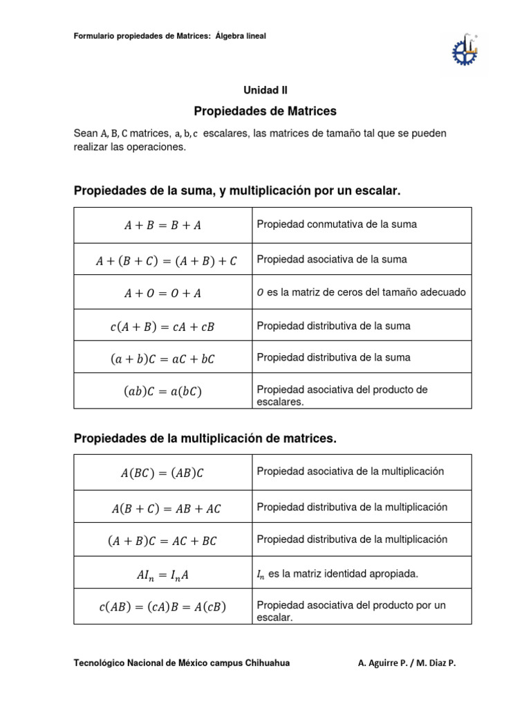 Formulario_Propiedades de Matrices_Determinantes_ACAP | PDF | Matriz ...
