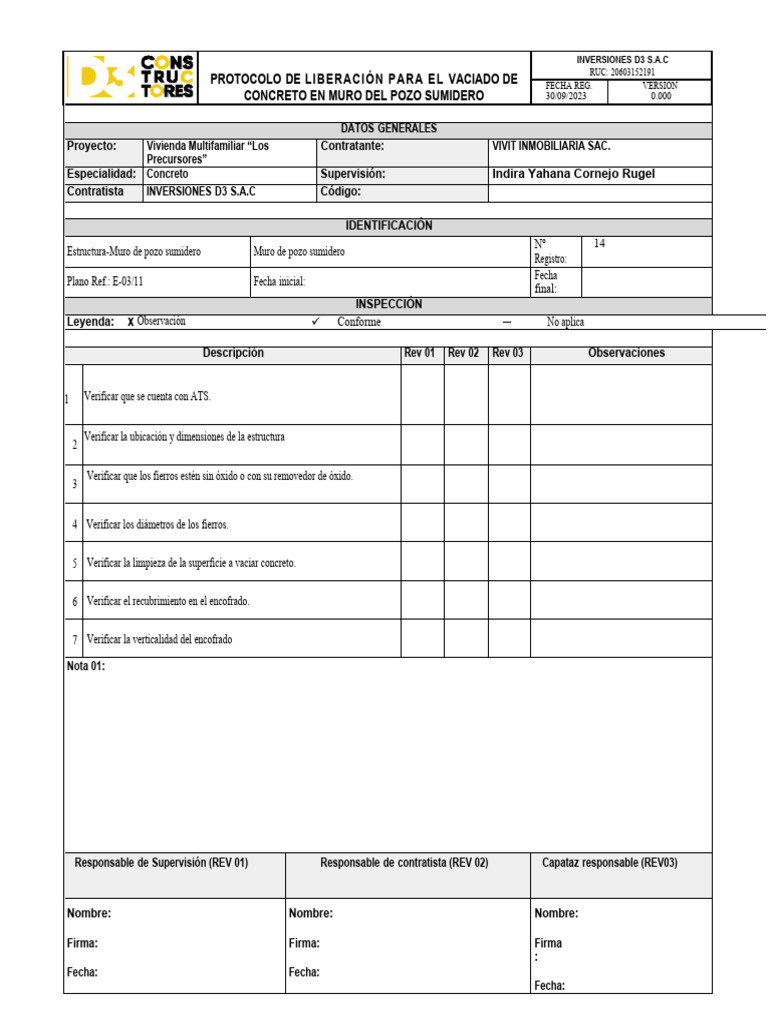 Protocolo para Liberación Del Vaciado de Concreto en Muro de Pozo ...