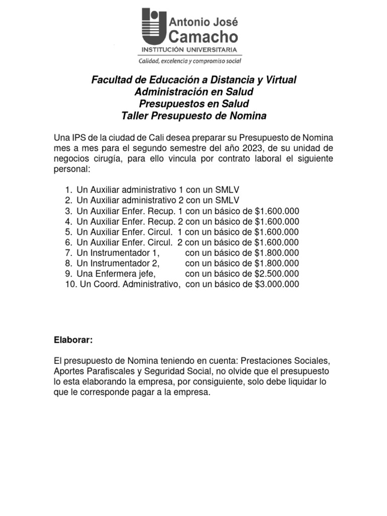 Taller Ppto. Nomina - Estudio de Caso. | PDF