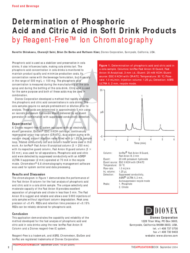 Determination Of Phosphoric Acid And Citric Acid In Soft Drink Products By Reagent Free™ Ion
