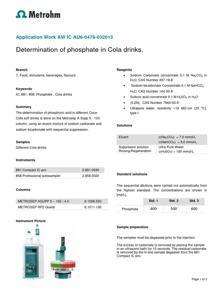 Phosphate Levels in Cola Drinks | PDF | Sodium Carbonate | Sodium ...