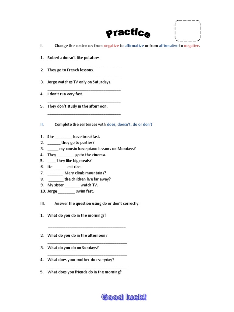 Affirmative and Negative Sentence Practice | PDF