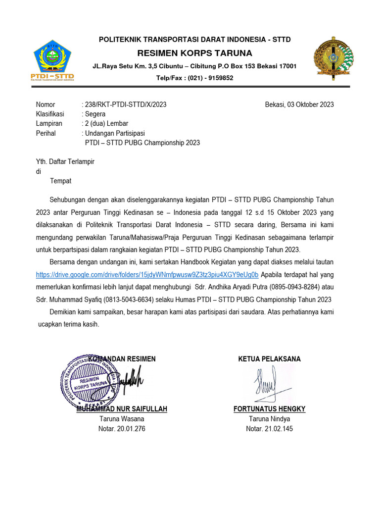 Undangan Partisipasi Ptdi-Sttd Pubg Championship 2023 | PDF