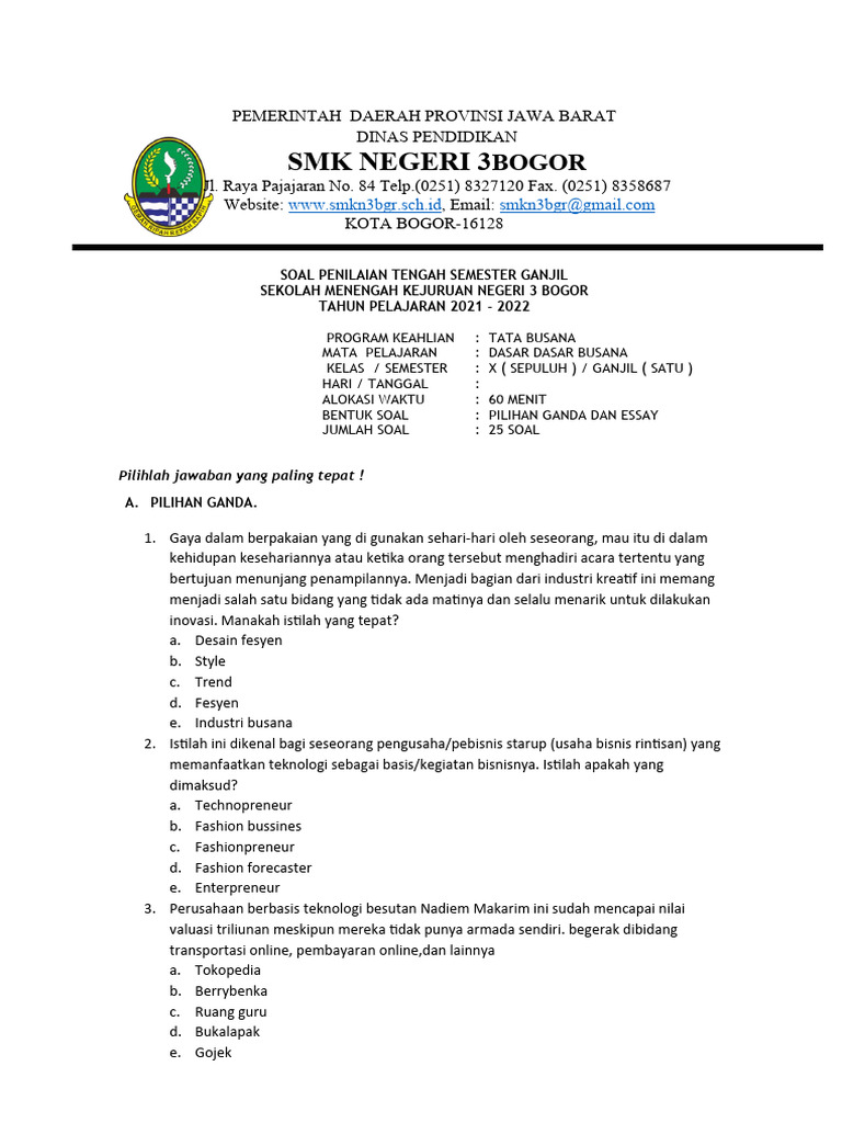 Soal PTS DASAR BUSANA 1 KLS X | PDF