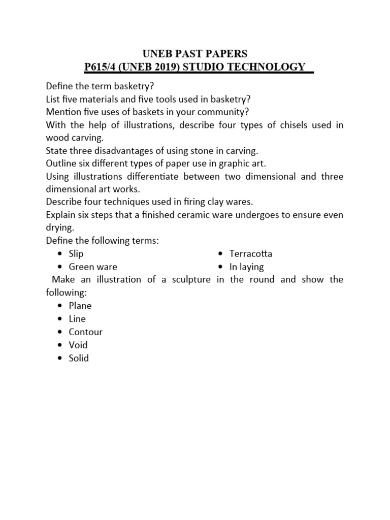 Uneb Past Papers For Studio Tech | PDF | Basket Weaving | Textiles