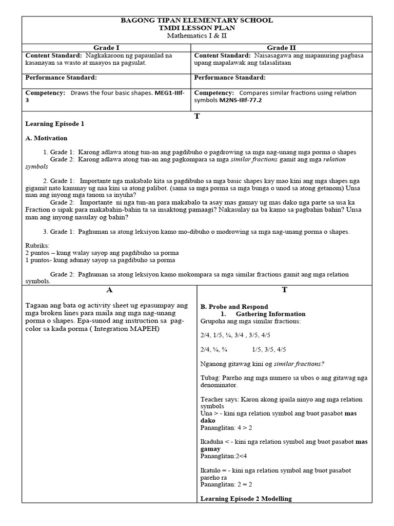 Tmdi Lesson Plan-Math 1&2 Q3-Cot2 | PDF