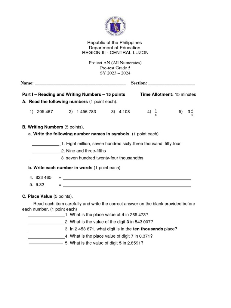 Grade 5 Project An Assessment Tool (Pre-Test) | PDF
