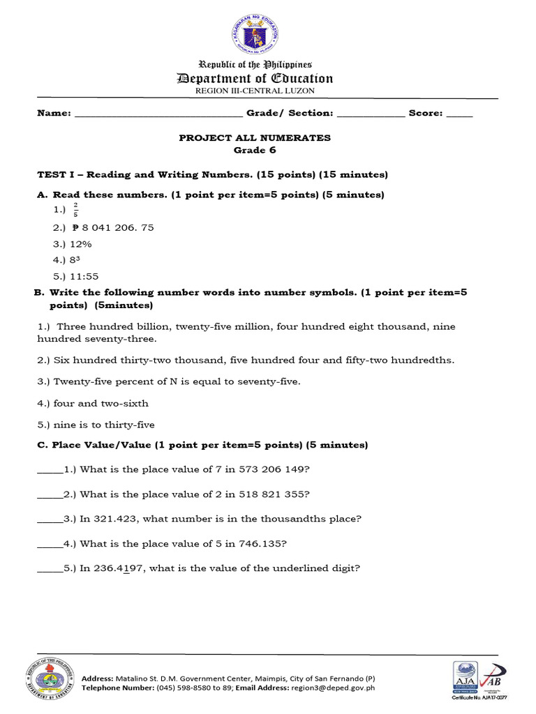 Grade 6 Project An Assessment Tool (Pre Test) | PDF
