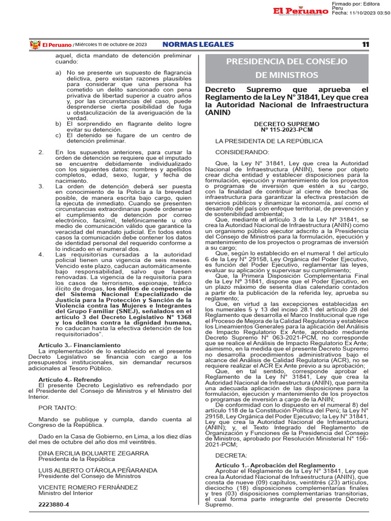 Reglamento de La Autoridad Nacional de Infraestructura (ANIN) | PDF | Derecho