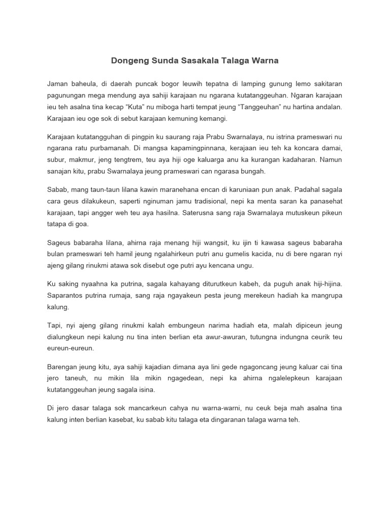 Dongeng Sunda Sasakala Talaga Warna | PDF