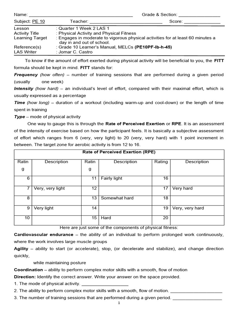 PE 10 Q1 Week 2 LAS 1-3 | PDF