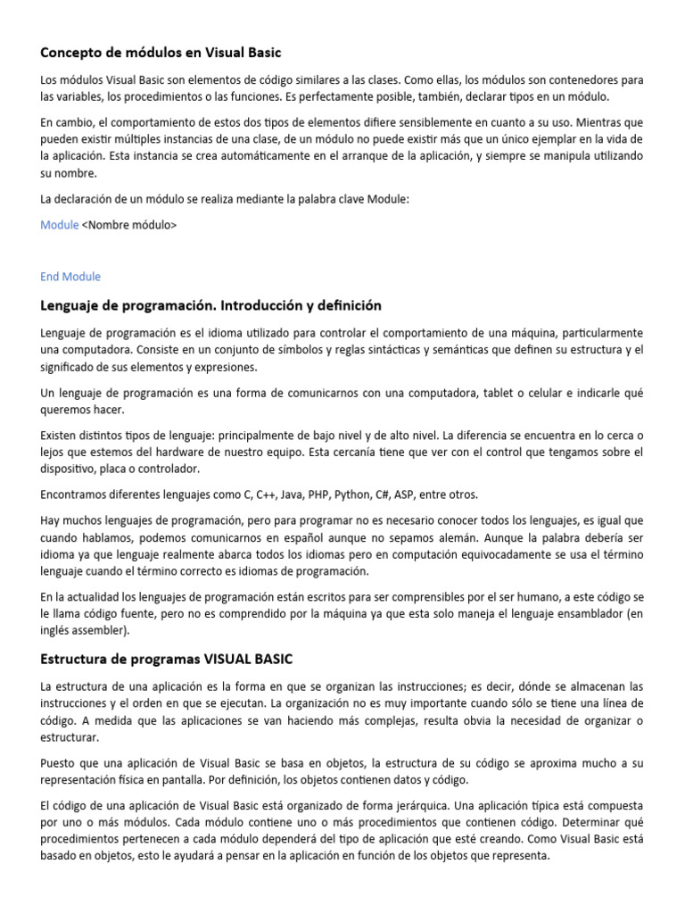 Concepto de Módulos en Visual Basic | PDF | Lenguaje de programación | Programación de computadoras
