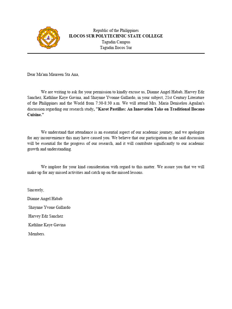 Excuse Letter for Class Attendance | PDF