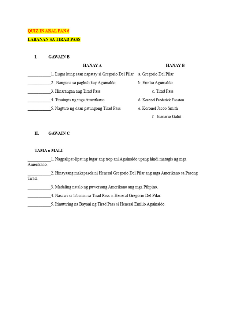 Quiz in Aral Pan 6 | PDF