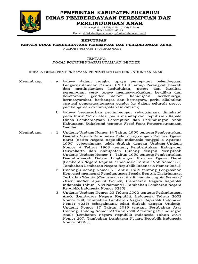 Focal Point Pengarusutamaan Gender Sukabumi | PDF