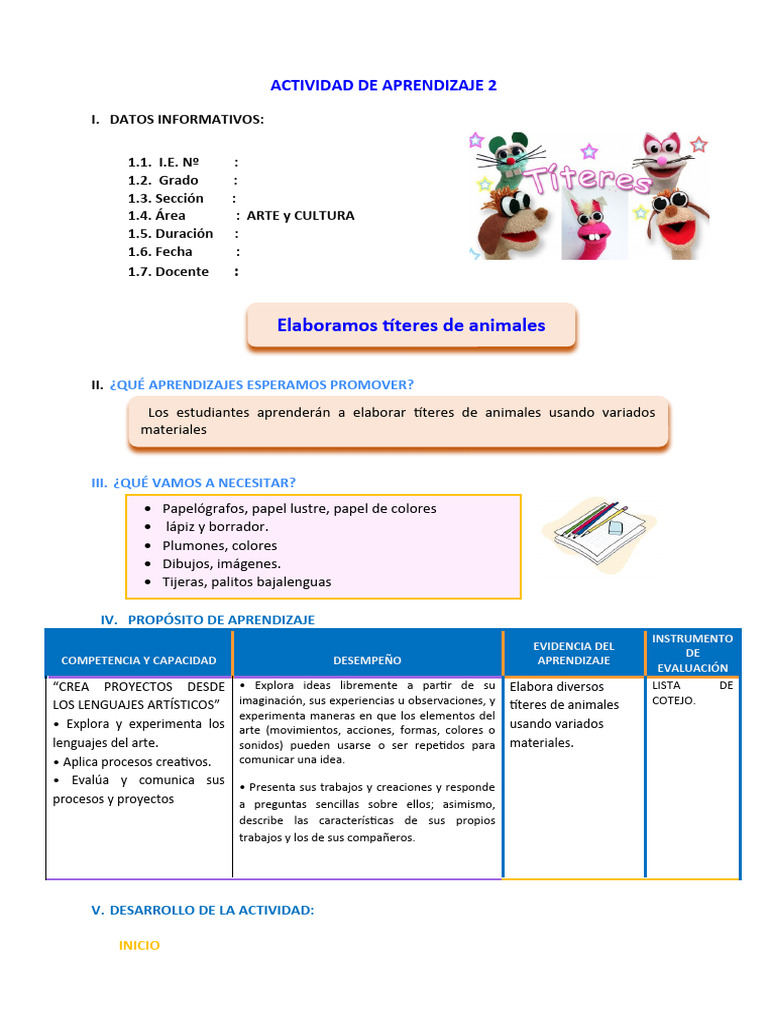 D2 A2 Sesion Arte Elaboramos Títeres De Animales Pdf