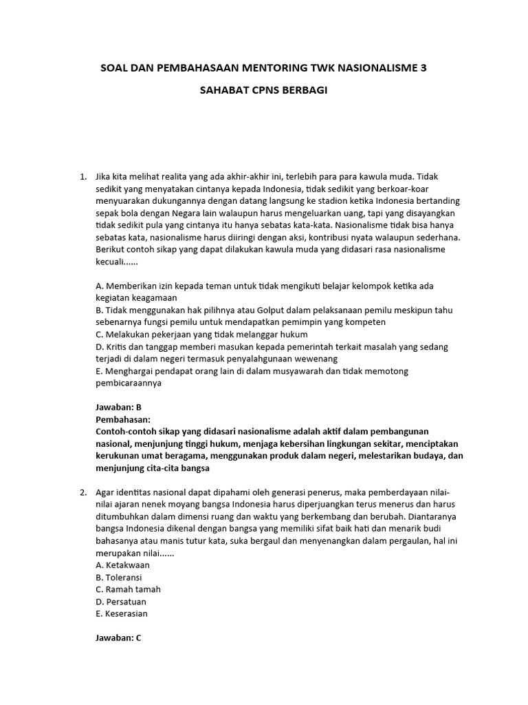 SOAL DAN PEMBAHASAN MENTORING TWK NASIONALISME 3 OK | PDF