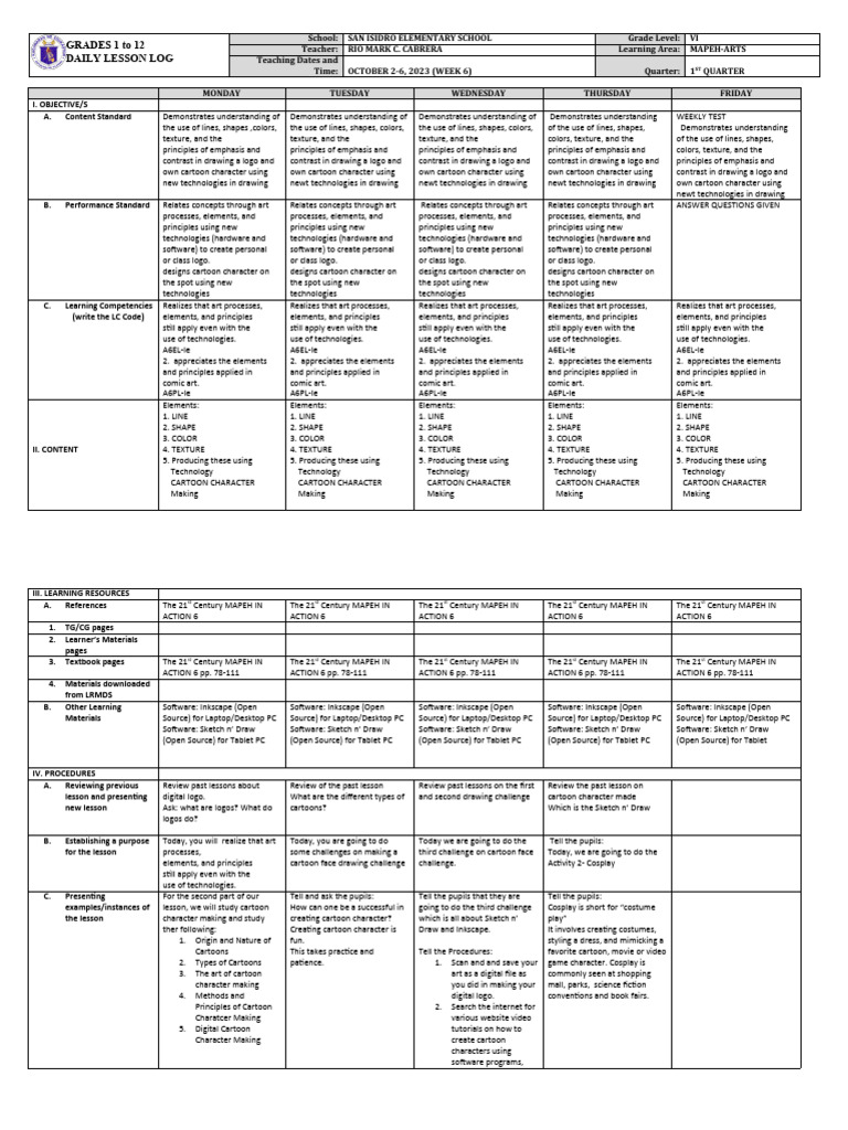 DLL Mapeh-6 Q1 W6 | PDF | Cosplay | Animation