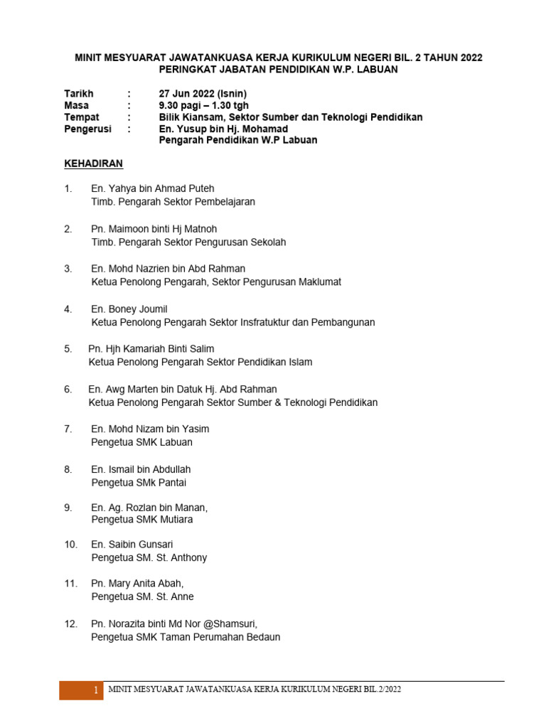 Minit Mesyuarat MJKKN Bil 2 2022 | PDF