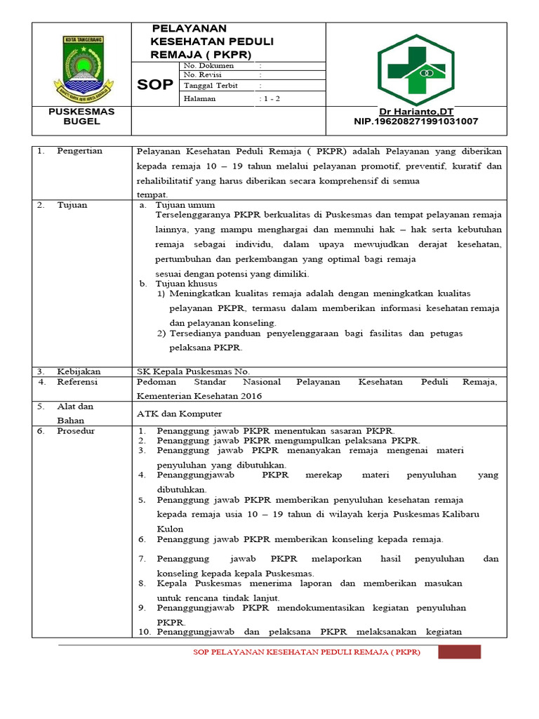 PKPR - SOP Pelayanan Kesehatan Peduli Remaja (PKPR) | PDF