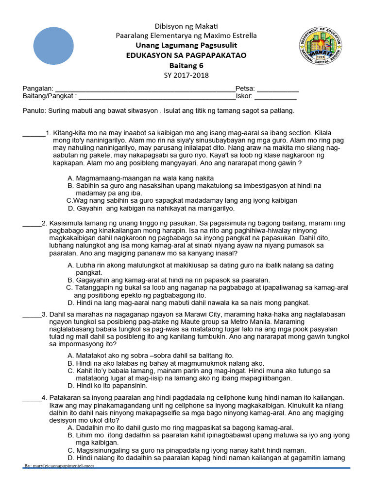 Esp 6 Q1 WITH TOS Unang Lagumang Pagsusulit 2017-2018 | PDF