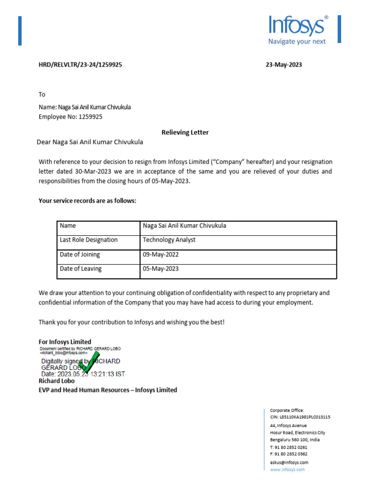 Anilkumar - Infosys Relieving Letter - 1259925 | PDF