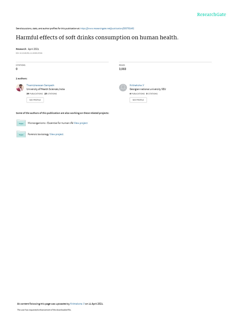 Harmful Effects of Soft Drinks Consumption On Human Health April 2021 8519686713 0932401 | PDF