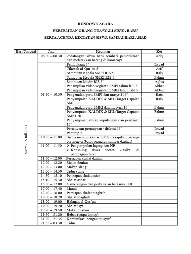 Rundown Acara Siswa Baru Dari Sabtu Sampai Ahad | PDF