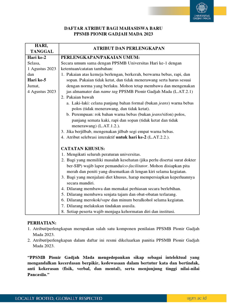 Atribut PPSMB Pionir UGM 2023 | PDF